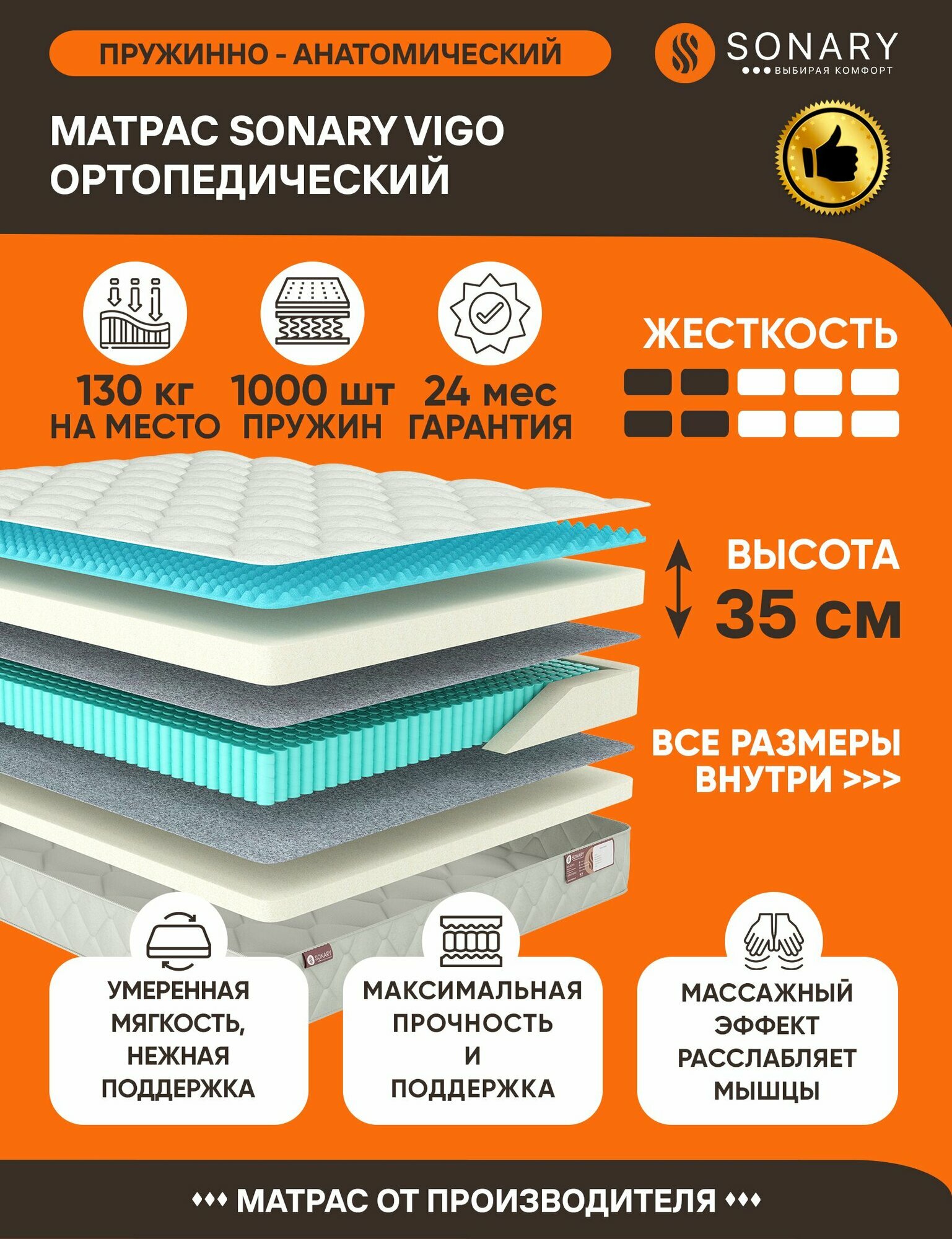 Матрас Sonary Vigo 175х190 серии Flow высота 35 см анатомический средней жесткости Независимые пружины