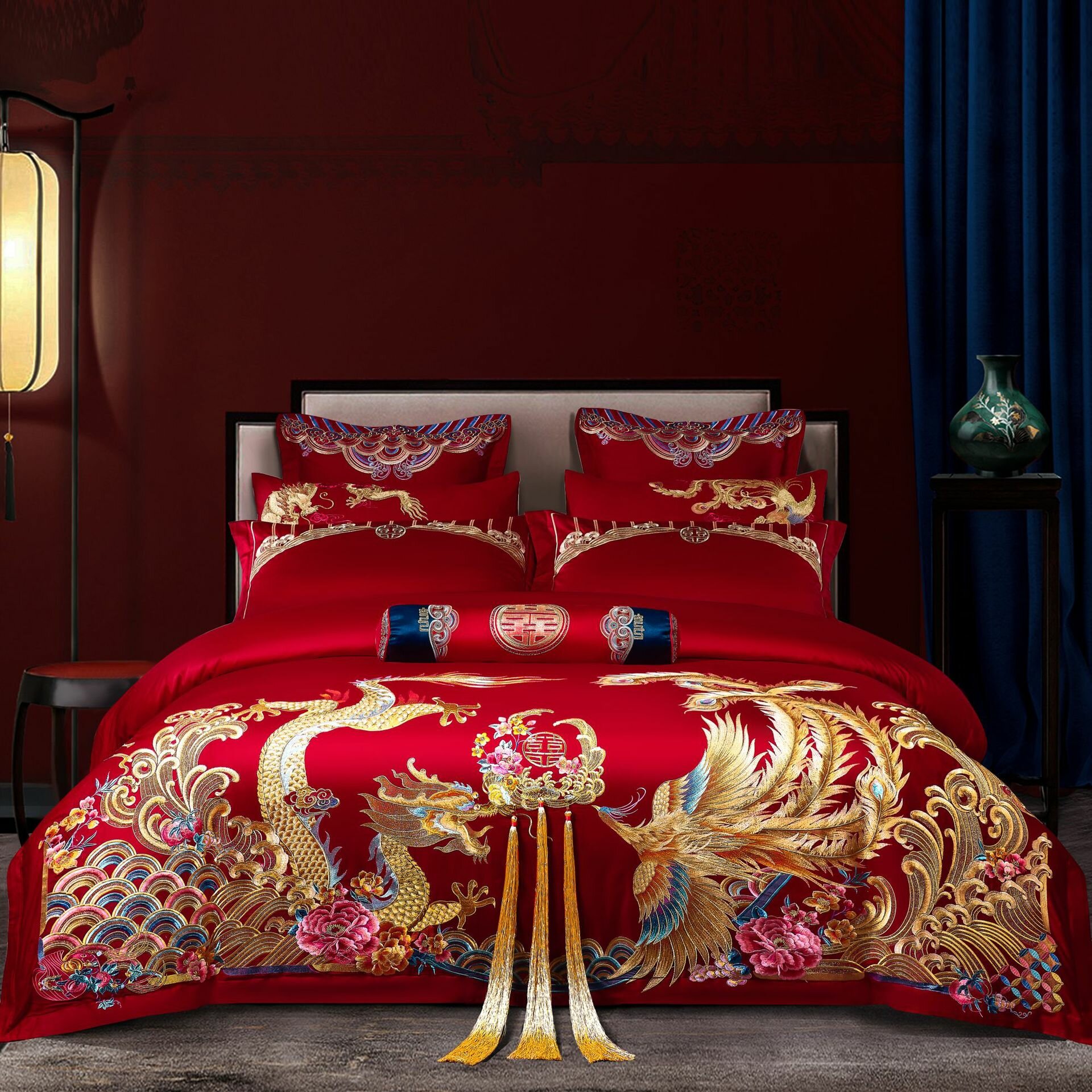 Новый китайский стиль, свадебный комплект из четырех предметов из 100% хлопка, ярко-красный, длинноволокнистый хлопок, вышивка дракона и феникса, высококачественное домашнее текстильное постельное белье