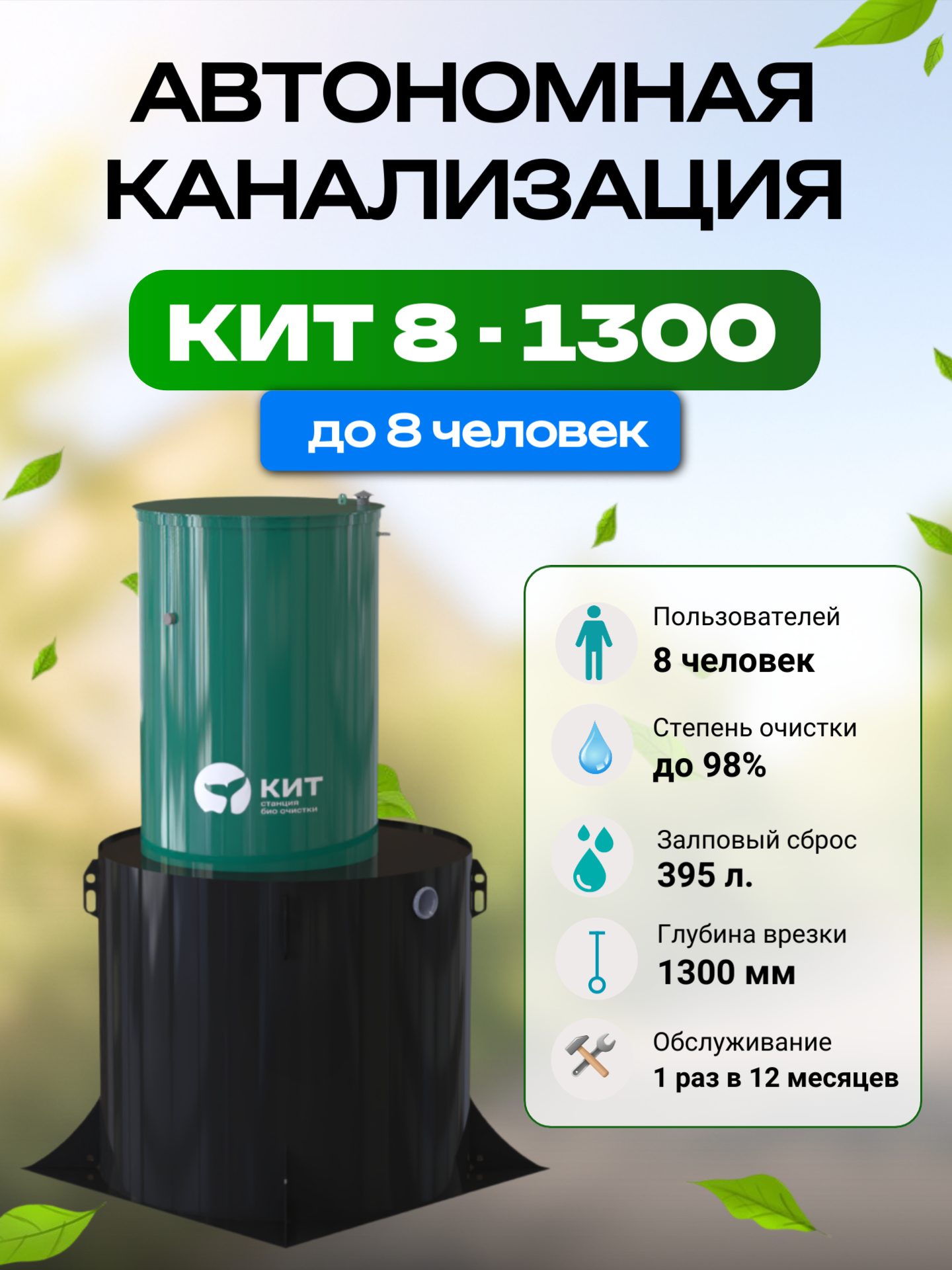 Септик КИТ-8-1300 для дома и дачи, глубина врезки 1300 мм, 8 пользователей, 395 л залповый сброс