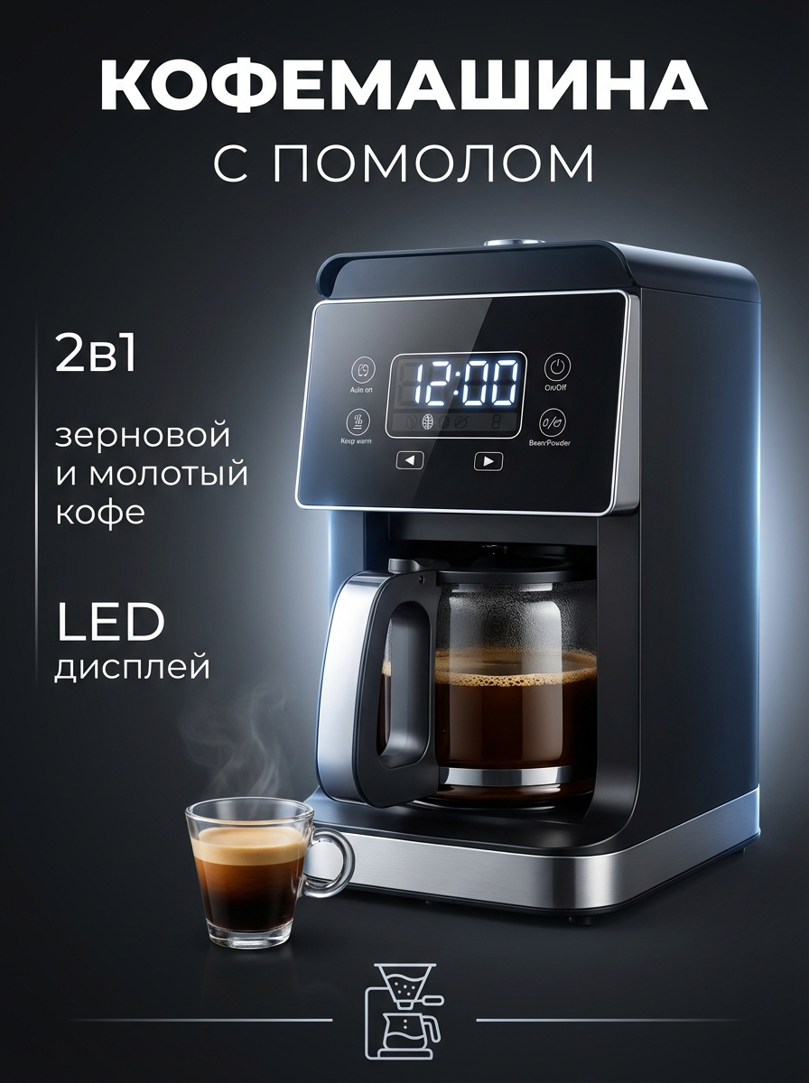 Кофемашина для дома зерновая, кофемашина с помолом, 900Вт, 0.8 литра, дисплей, встроенная кофемолка, для американо, автоподогрев, черный