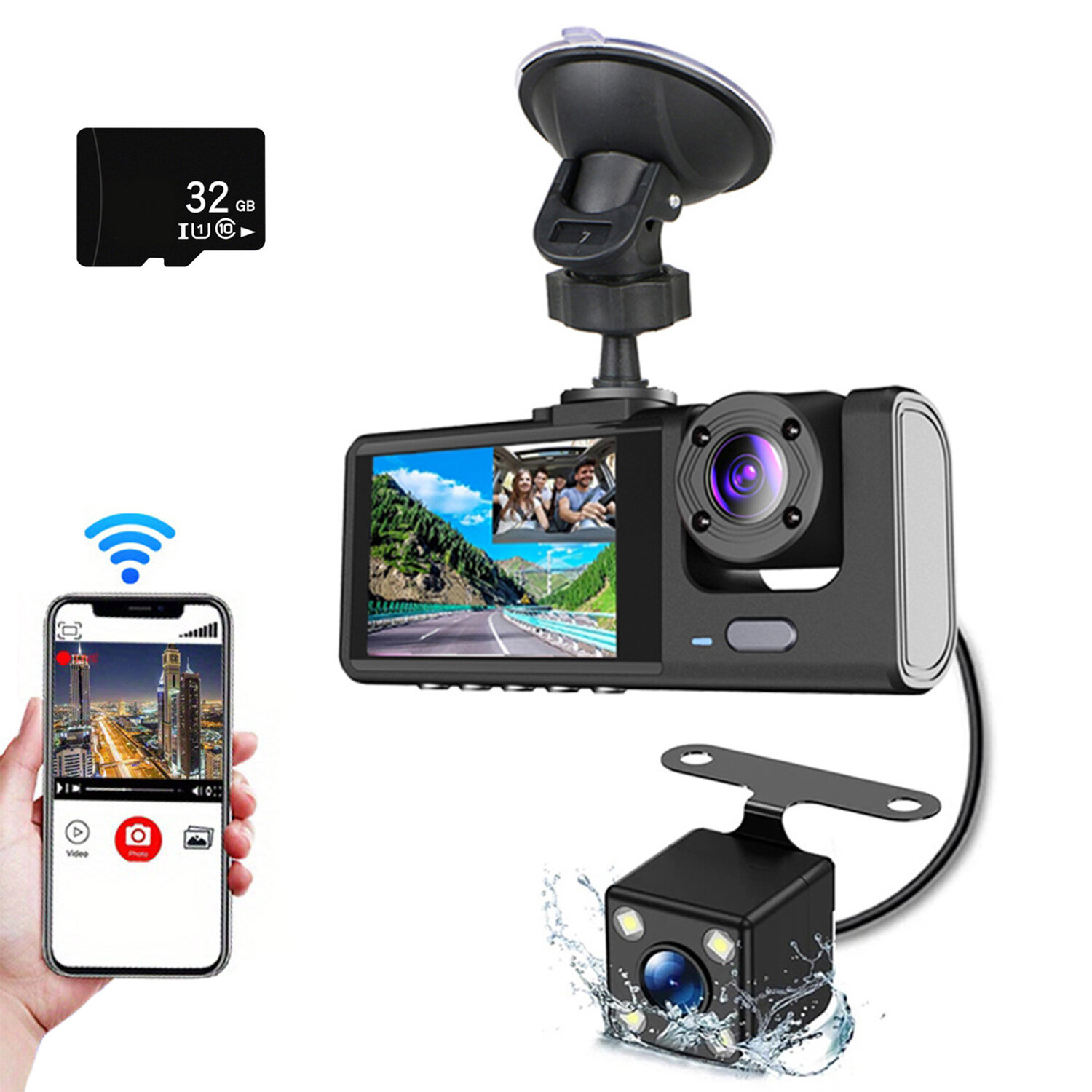 Dash Cam с передней, задней и внутренней камерами 3 Камеры 1080P+720P+480p Зеркало заднего вида для автомобиля Видеозапись Камкордер Ночное видение Автомобильная камера Запись Детектор безопасности вождения Автомобильный Детектор безопасного вождения
