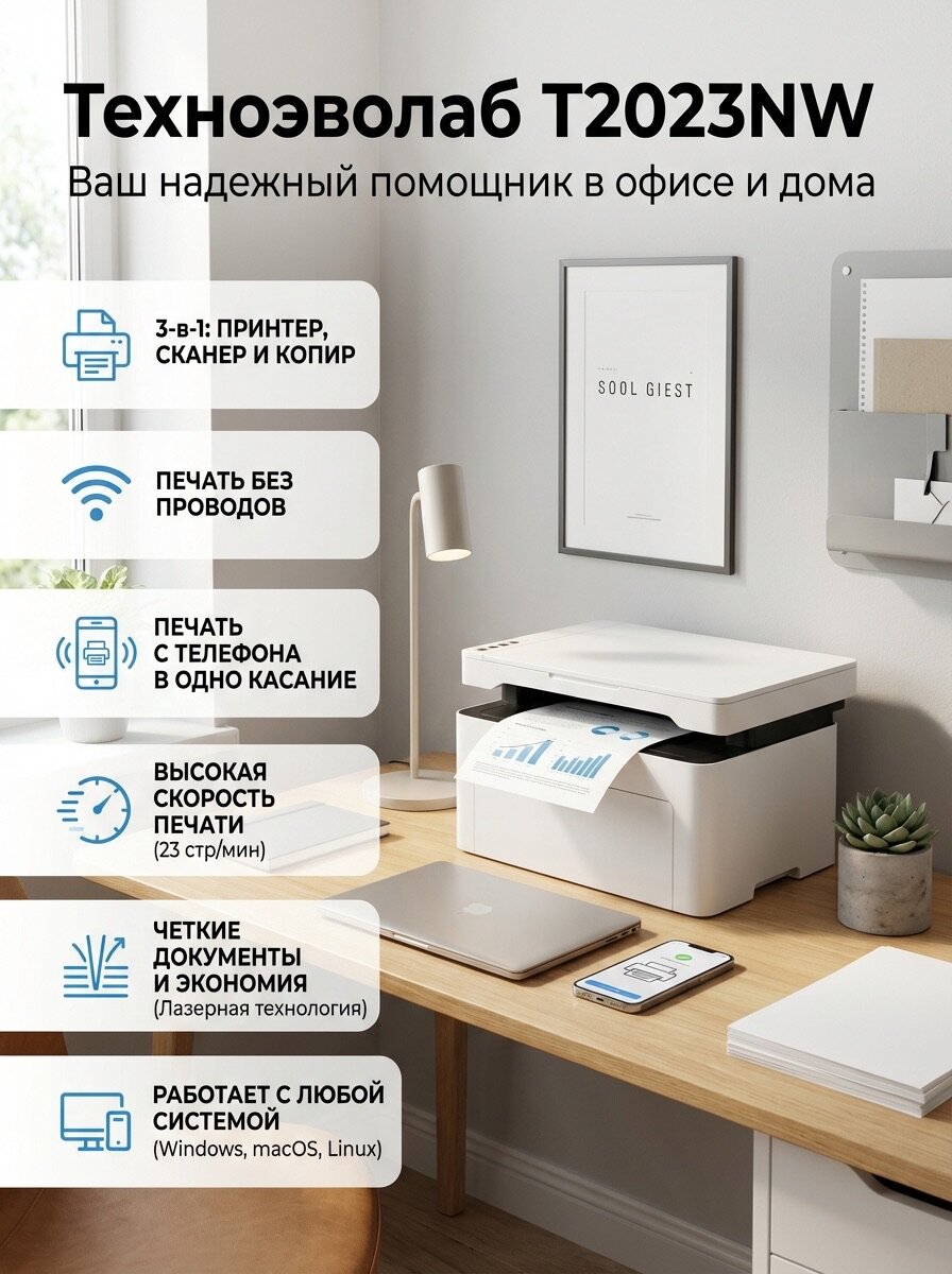 МФУ лазерное Техноэволаб T2023 T2023NW, А4 черно-белая печать 600 x 600 dpi 23 стр/мин, А4 сканирование 600 x 600 dpi, подключение: USB, LAN, Wi-Fi, Windows, Linux, macos, Apple AirPrint, Mopria (Android)