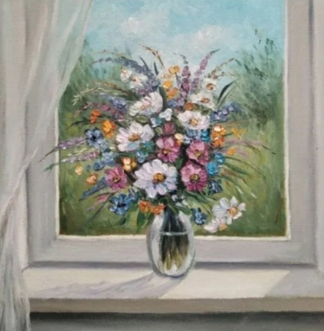 Картина Маслом Холст на Картоне Размеры 20x20 см Букет Полевых Цветов на Окне