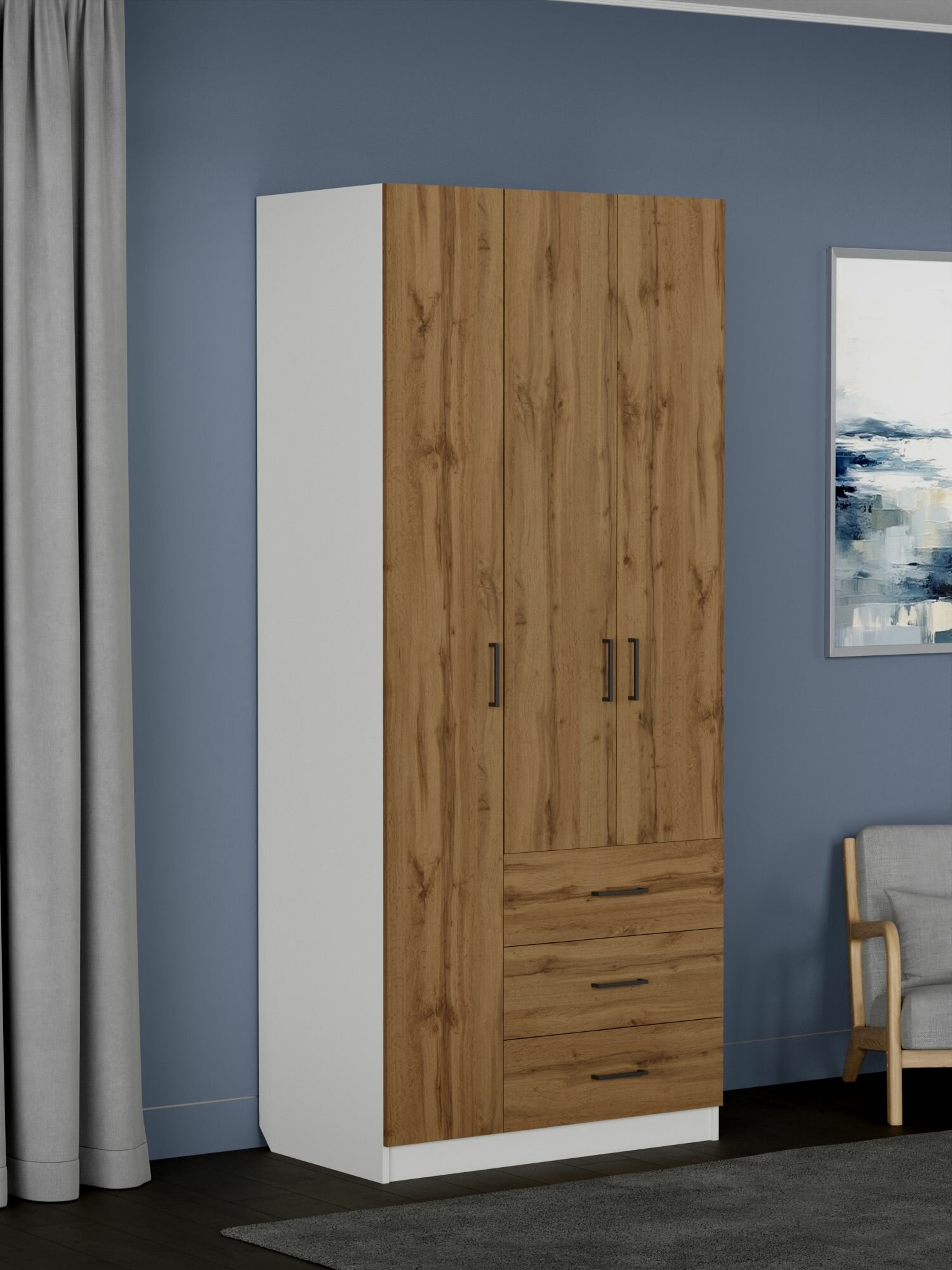 InHouse Шкаф распашной ШК-3/5 Белый/Вотан 90х52х210, фасады ЛДСП