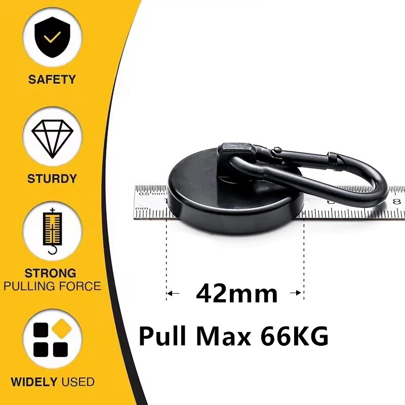 Мощные черные магнитные крючки моgnot Strong Magnet Magnetic Carabiner Hook Push 42mm Pull Max 66KG