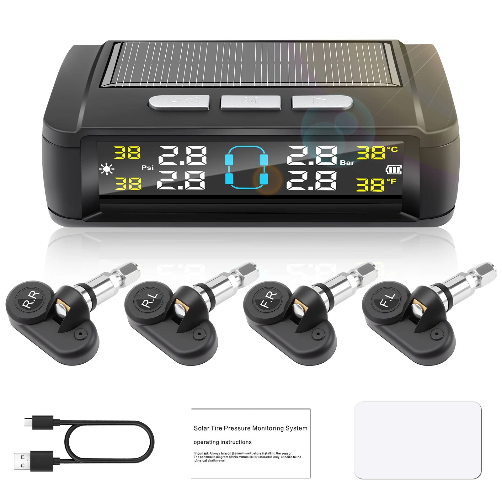 T11 Солнечная/USB система контроля давления в шинах с двойным питанием (TPMS) с дисплеем в реальном времени и 4 внешними/внутренними датчиками