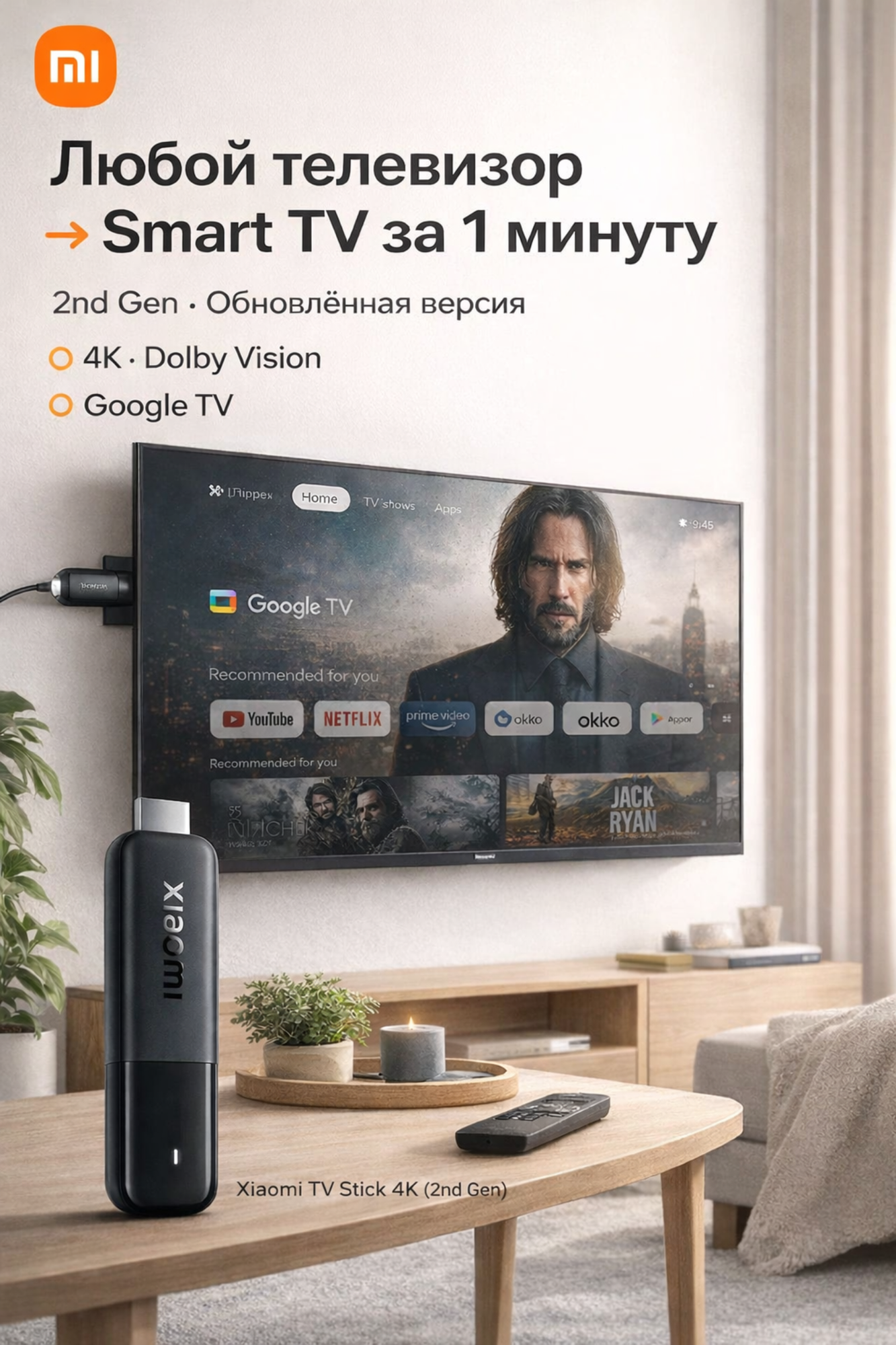 ТВ-приставка Xiaomi Mi TV Stick 4K (2nd Gen, MDZ-33-AA), Android TV, Global, черный