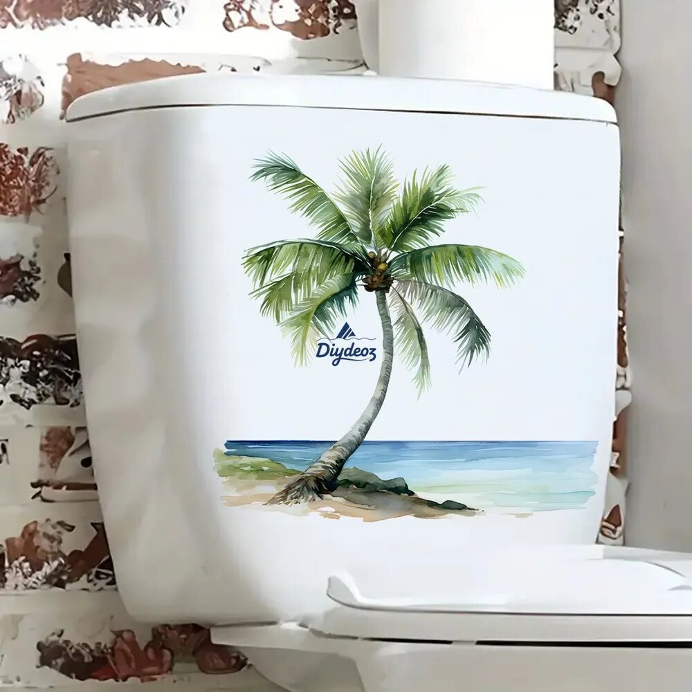 Водонепроницаемая самоклеящаяся бумага для сиденья унитаза с рисунком зеленой кокосовой пальмы на берегу моря