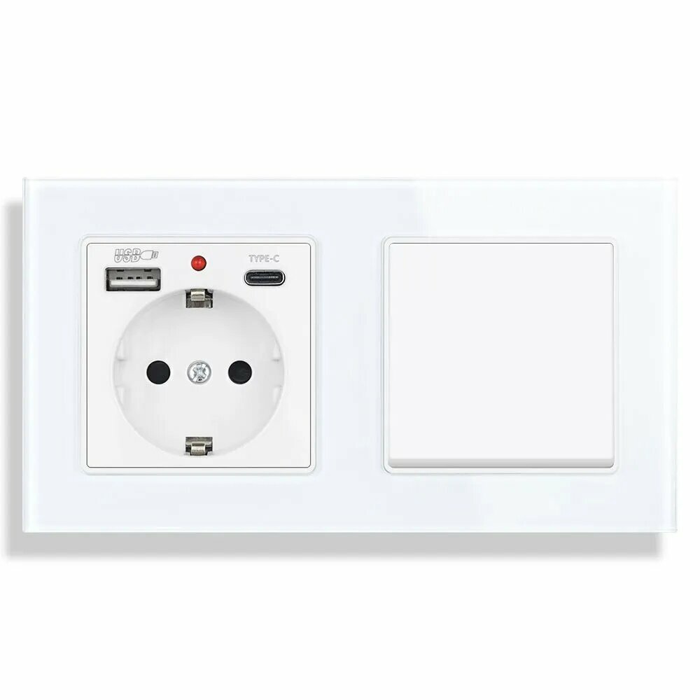 Выключатель с розеткой с USB и type-C,1 клавиши 1 розетка , 2 поста рамка стекло 153х82мм цвет Белый.