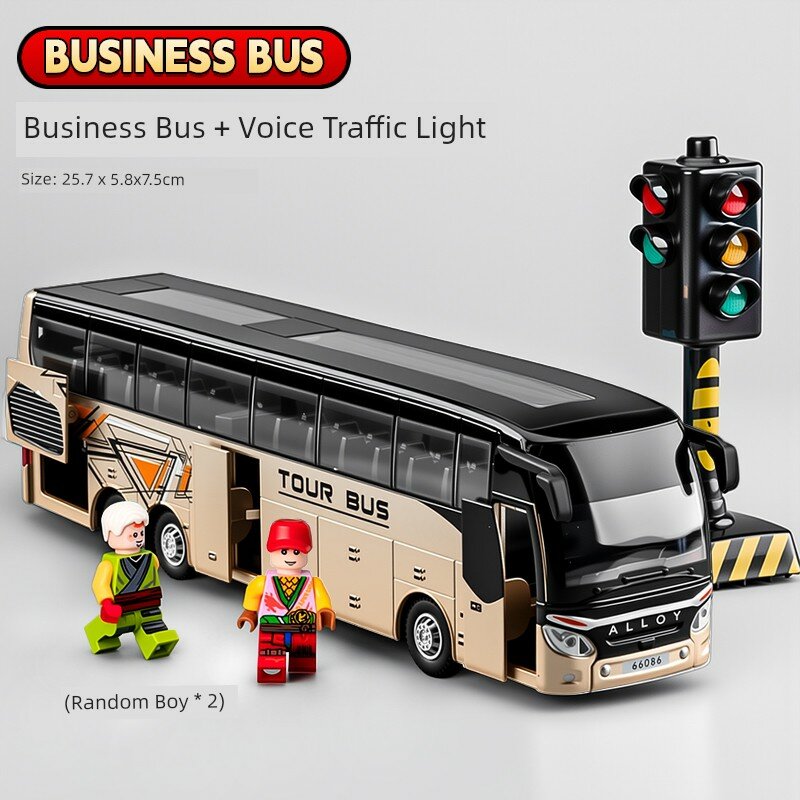 Одноэтажный алюминиевый автобус для мальчиков, золотой с светофором и 2 случайными фигурками, модель автобуса