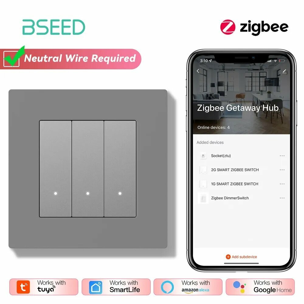 Умный выключатель c Алисой Zigbee, Легко нажать, Пластиковая рамка, Серия E - CLICK