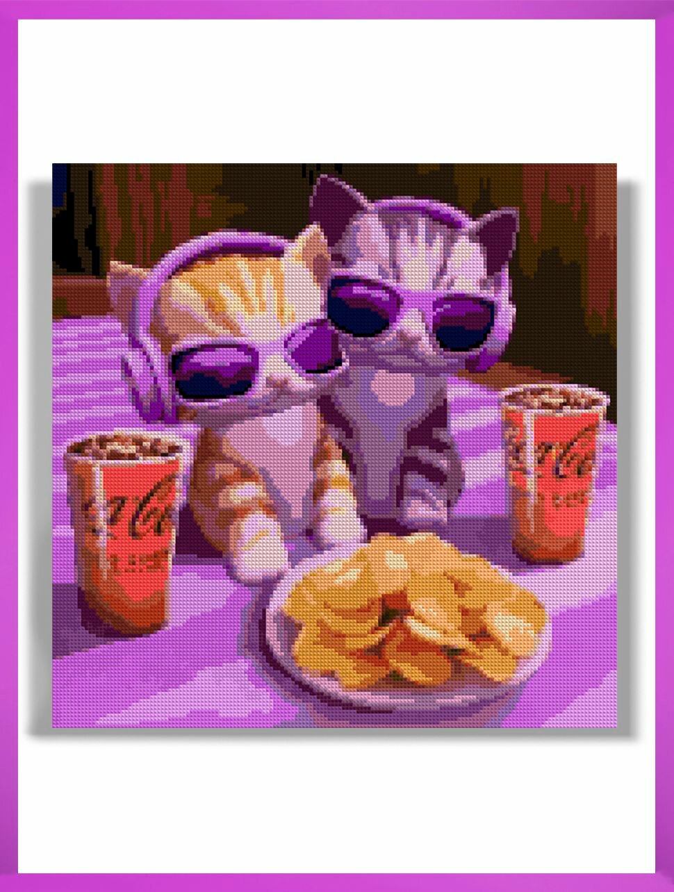 Алмазная мозаика на подрамнике - вышивка Котики с колой и чипсами 40 х 40 см
