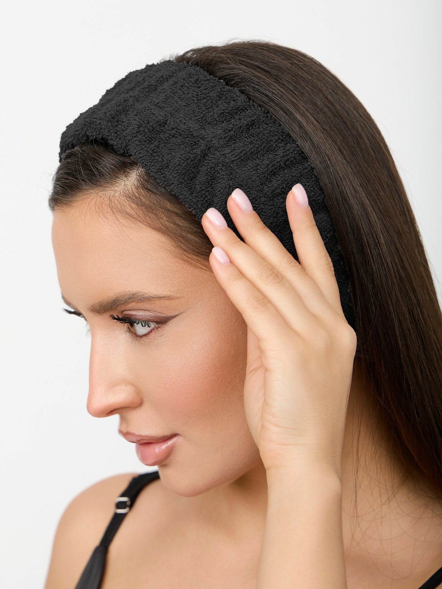 Повязка косметическая SANDAL махровая для волос на резинке, цвет черный