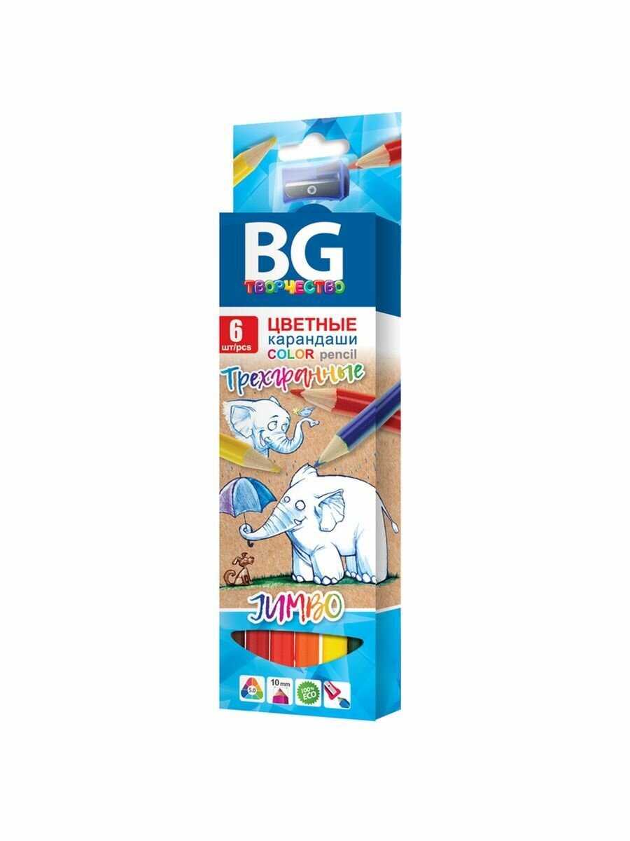 Карандаши цветные BG "Jumbo", 06цв, трехгран, толстые, 5,0мм, европодвес, KR6C_t 4643