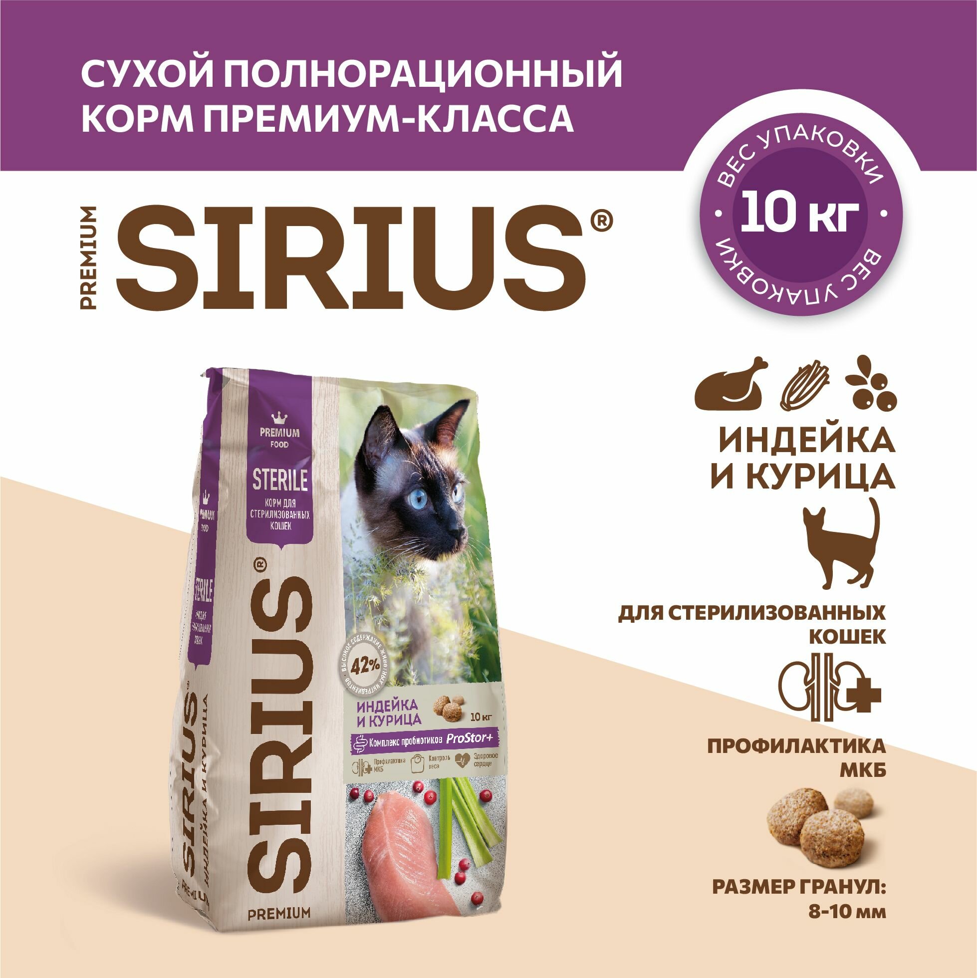 Сухой полнорационный корм для стерилизованных кошек, Индейка и курица ТМ SIRIUS (10кг)