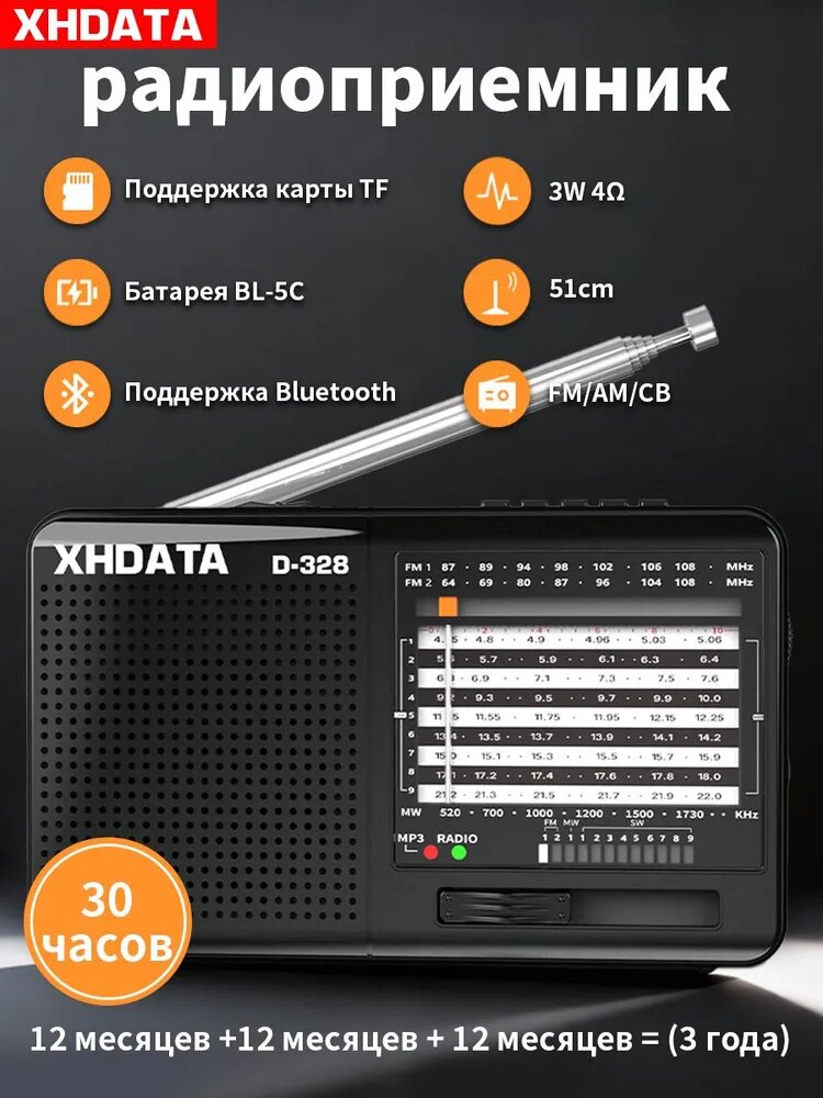 XHDATA Магнитола D-328 Black, 5 Вт, светло-серый, черный матовый