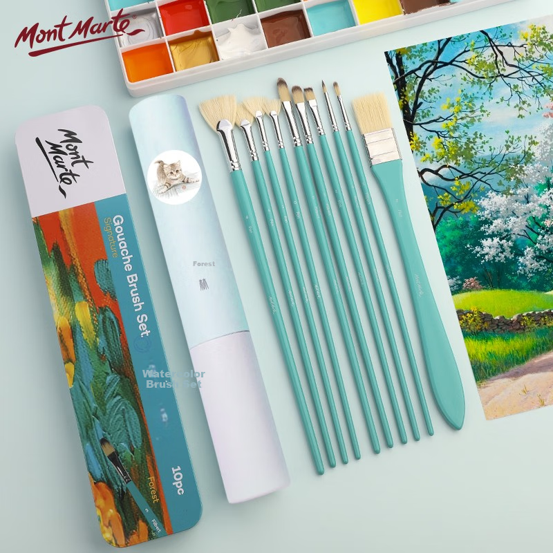 Mont Marte Forest Tin Set of 10 Watercolor Brush Pig Bristle Watercolor Paint Brush Acrylic Paint Brush Art Line Pen Children's Oil Paint Brush Set BMHS1015 Art Sketching
