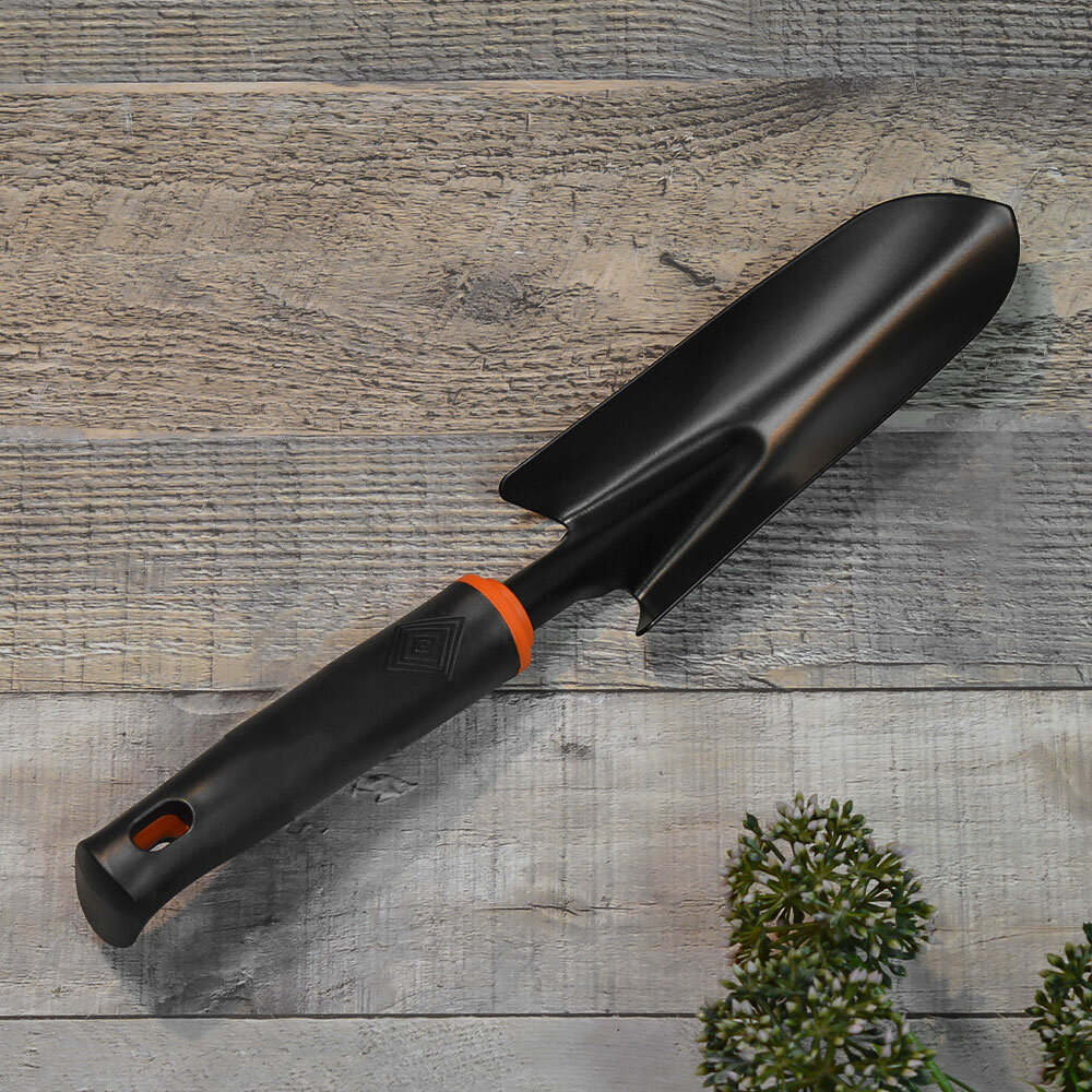 Совок посадочный узкий 30,5x6x4,5см, металлический, с эргономичной ручкой, черный