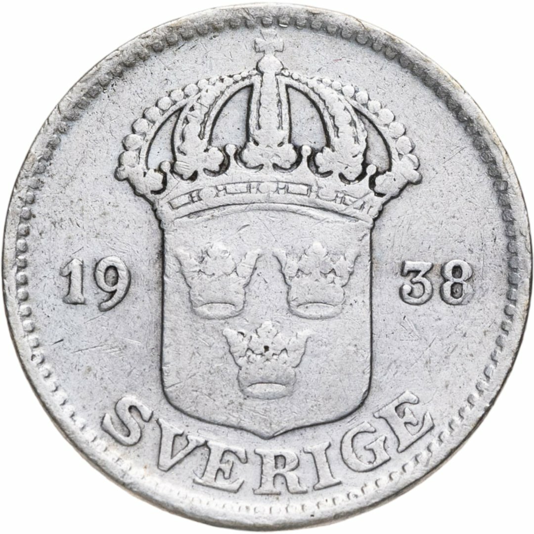 Швеция 25 эре ore 1938, Серебро 600, в сохранности VF