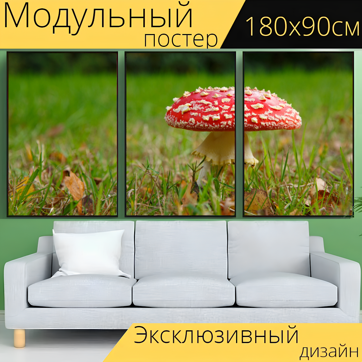 Модульный постер "Поганка Мухомор красный в траве Мухомор красный осень шапки крупным планом красочный мухомор лес гриб трава макро." 180 x 90 см. для интерьера на стену в тубусе