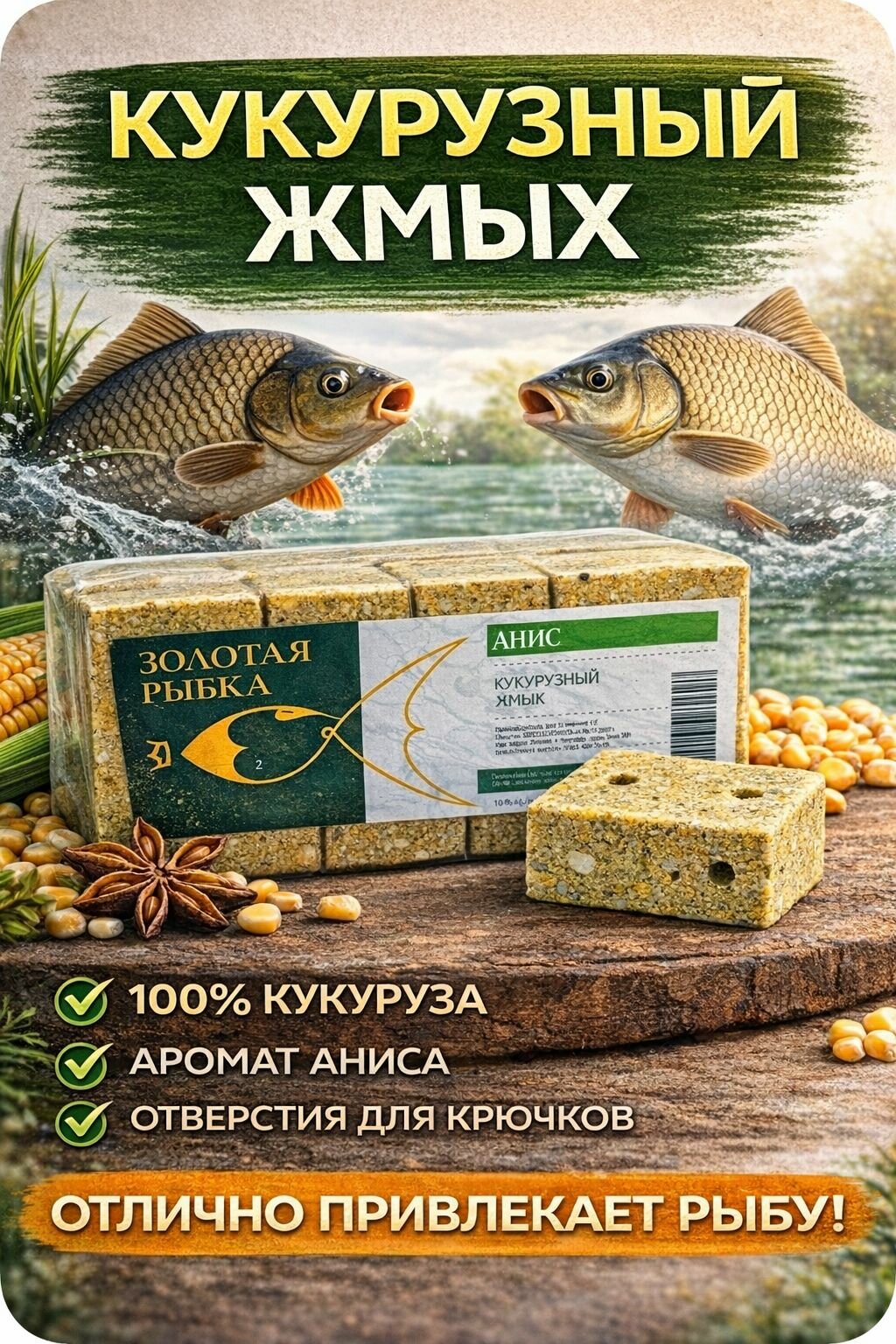 Кукурузный жмых с отверстиями для крючка "Анис" 10 кубиков / Золотая рыбка, прикормка и насадка для карпа и карася макуха анисовая прикормка для рыбалки