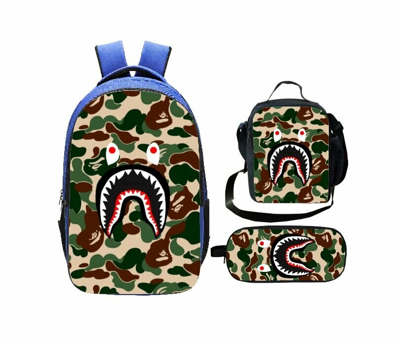 2026 Новый печатный рюкзак с граффити "Большой рот", мультяшный аниме-ланч-бокс, пенал, трехкомпонентный набор, большая вместимость, модный для молодежи и подростков