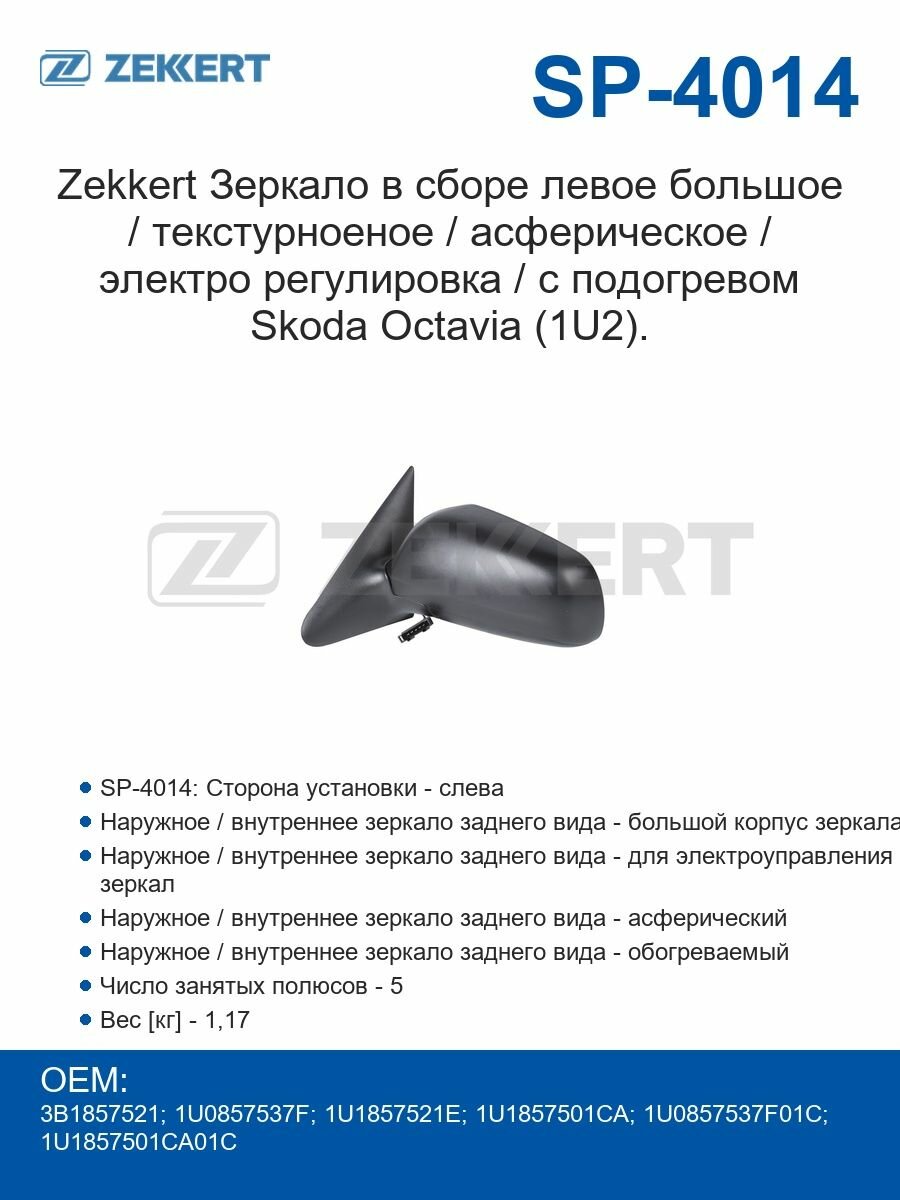Zekkert Зеркало в сборе левое большое / текстурное / асферическое / эл регул / с подогр Skoda Octavia (1U2).