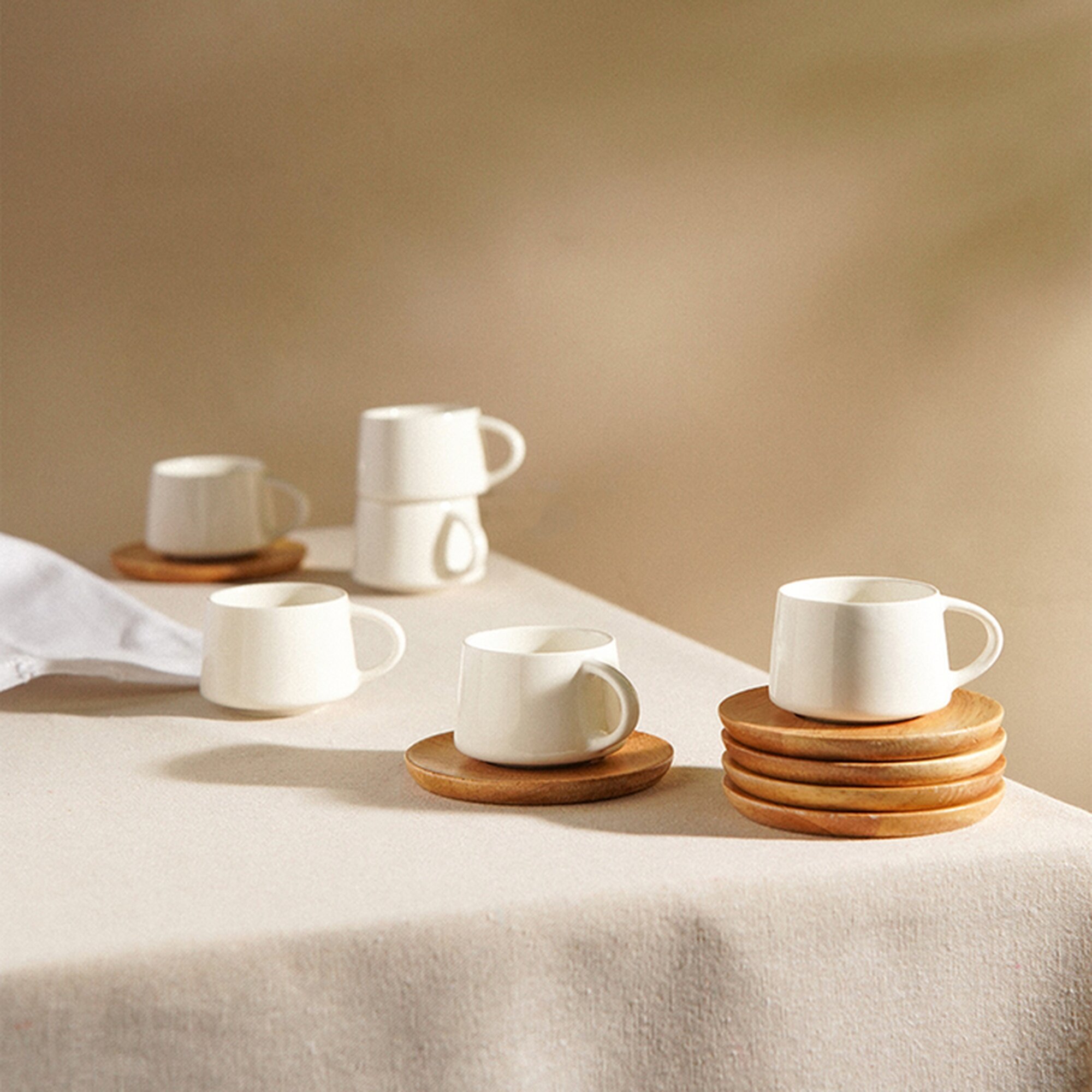 Сервиз чайный фарфоровый SL Home «Тренто», 12 предметов: 6 чашек 90 мл, 6 деревянных подставок