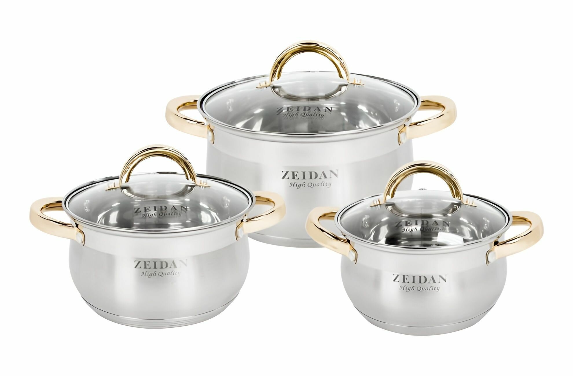 Набор кастрюль из нержавеющей стали 2.1л, 3 л, 4л с крышками Zeidan для индукционной и газовой плиты