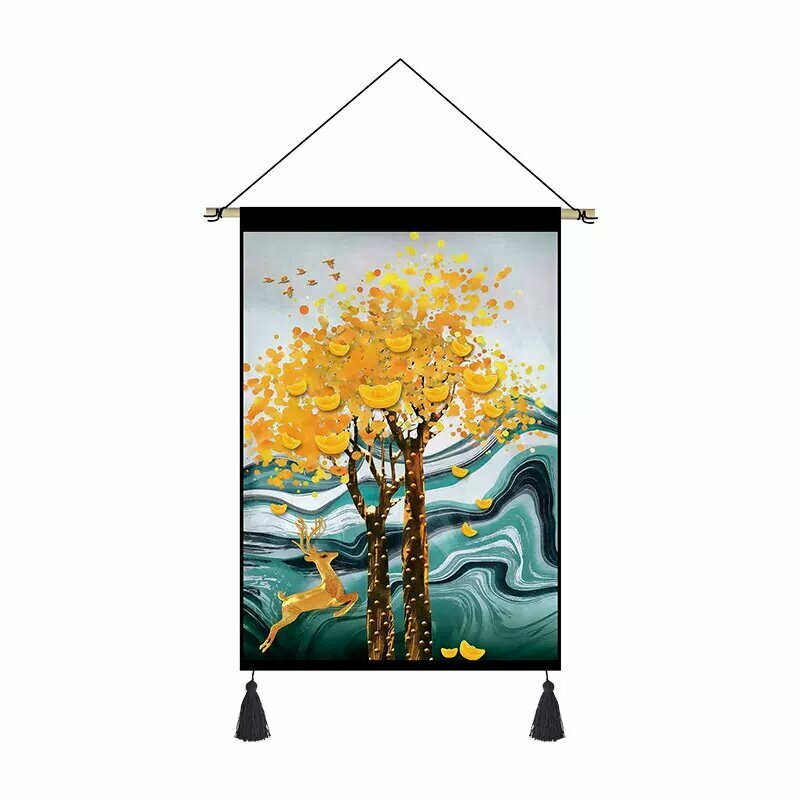 Настенное панно в скандинавском стиле: картина маслом, денежное дерево, лось, триптих для спальни, прикроватный декор,