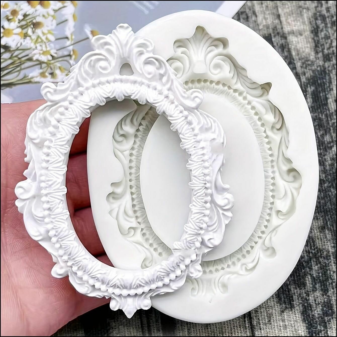 Молд рамка овальная для гипса с цветочным узором в европейском ретро-стиле, Силиконовый молд для творчества, декора для свечей и дома