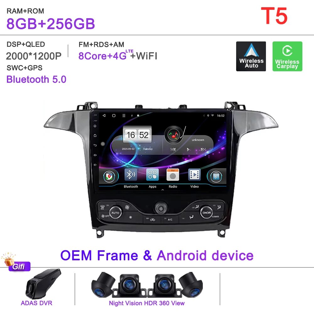 Автомагнитола Android 8GB+256GB 2K 360 для Ford S-Max Galaxy