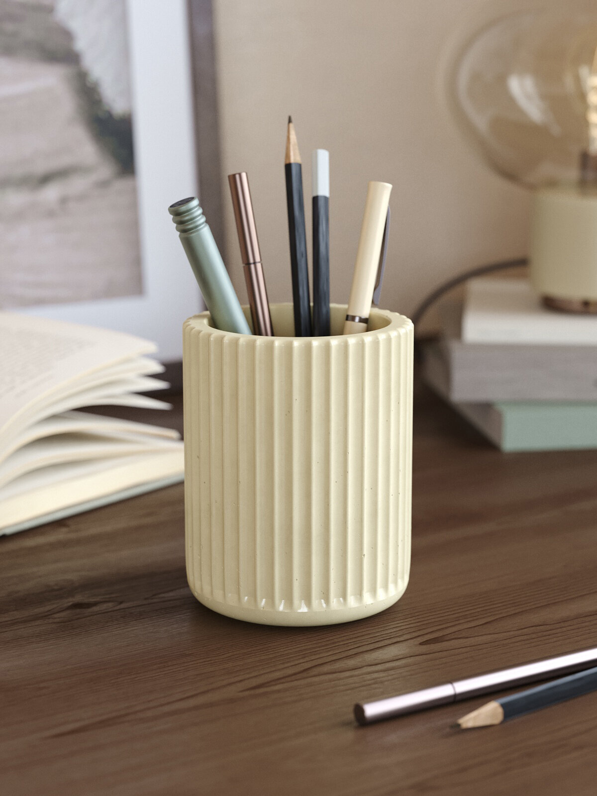 Стакан канцелярский Chloe, подставка для ручек и карандашей, 11х9х9 см, бетон, кремовый глянцевый