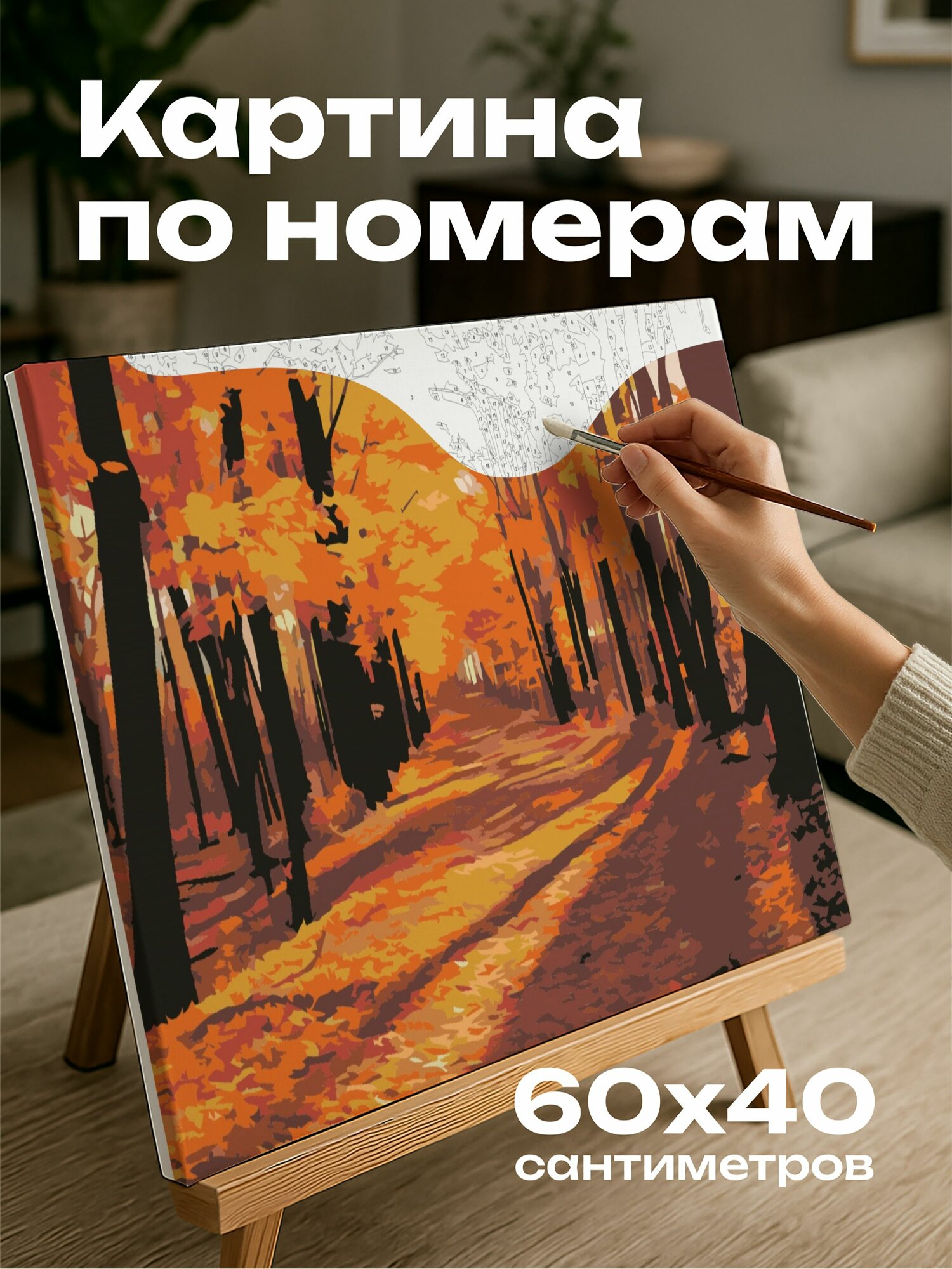 Картина по номерам 60x40 см, фотография, золотистый осенний лес, теплый солнечный свет, разноцветные кроны деревь