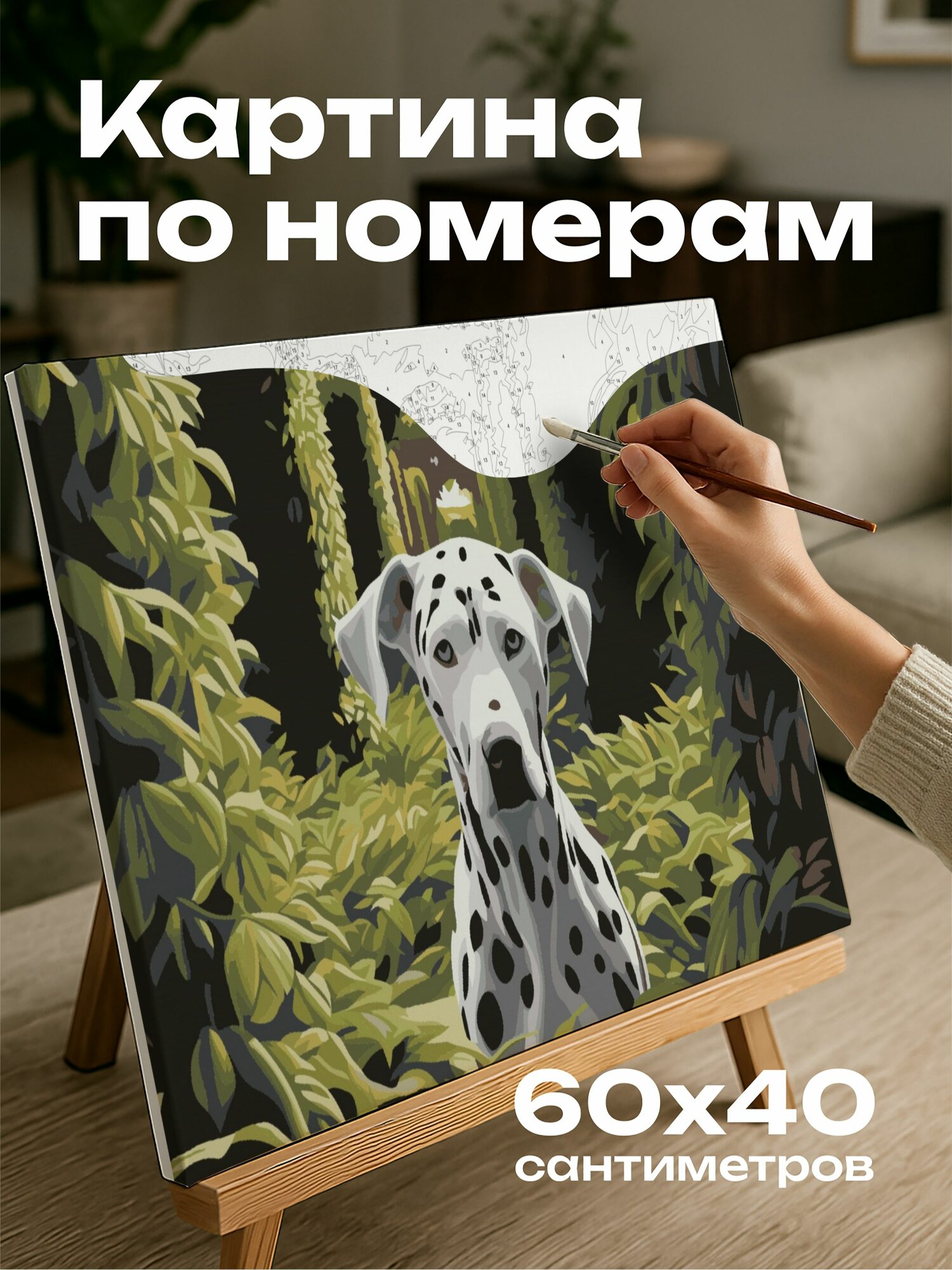 Картина по номерам 60x40 см, картина маслом, далматинец, грация, элегантность, лабиринт, изгородь, солнечный свет