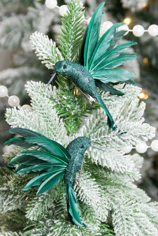 Ёлочные игрушки колибри амабель на клипсе, перо, тёмно-зелёный, 13 см, 2 шт, Edelman 1163500
