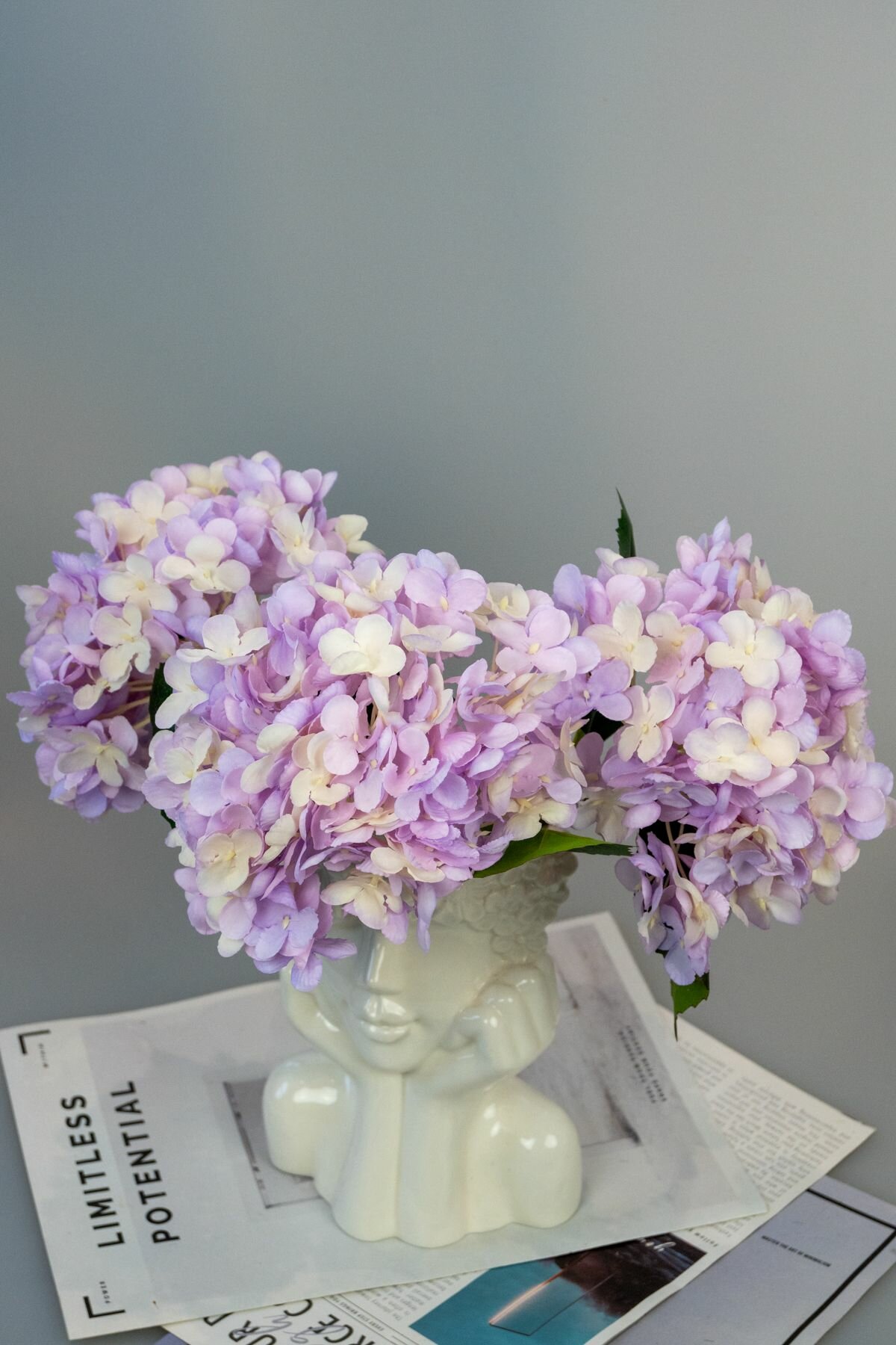 Искусственные цветы для декора интерьера Гортензия сиреневая 34 см 3 ветки для маленькой вазы