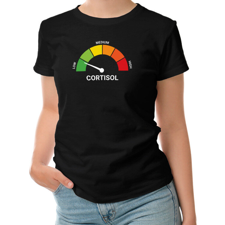 Женская футболка «low cortisol низкий кортизол стресс психолог» (черный, S)