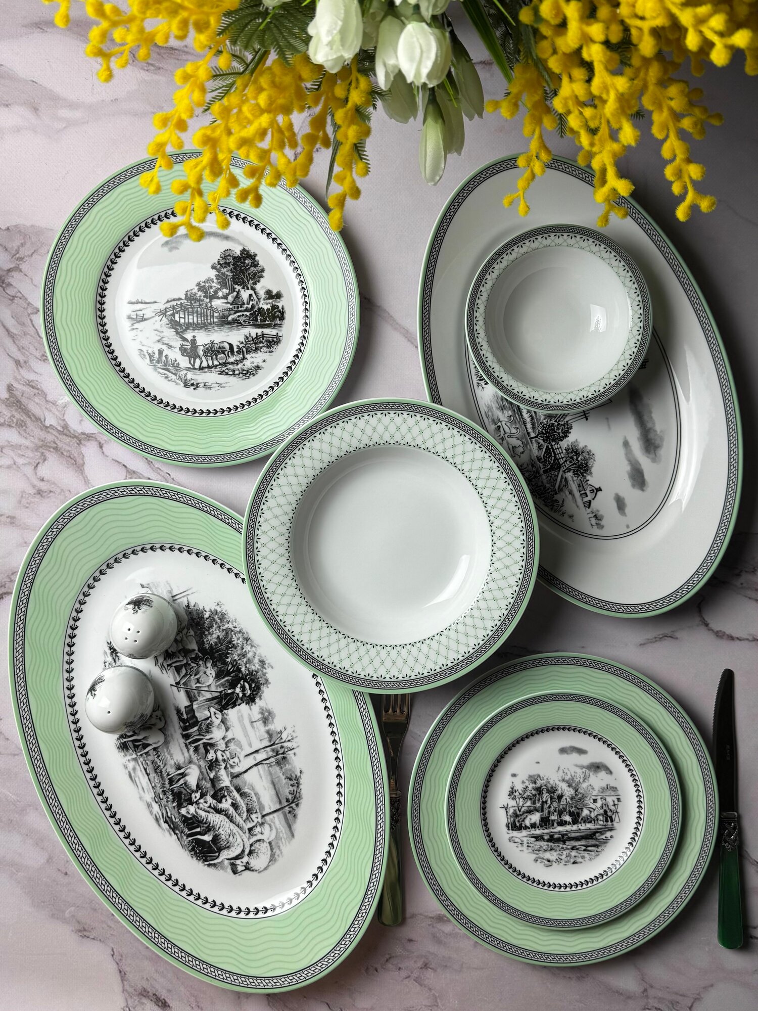 Сервиз гладкий фарфоровый обеденный Green Village на 6 персон 28 предметов