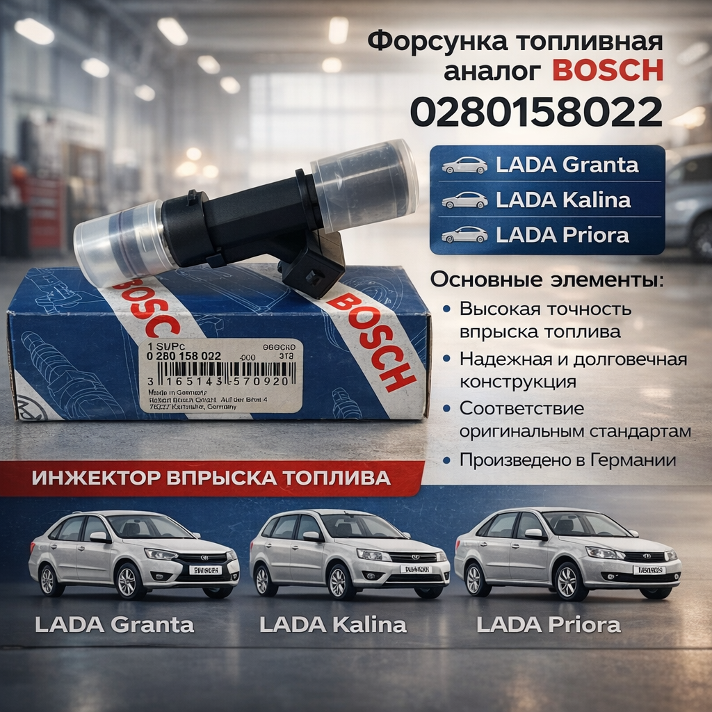 Форсунка топливная 0280158022 аналог BOSCH для LADA Granta, Kalina, Priora