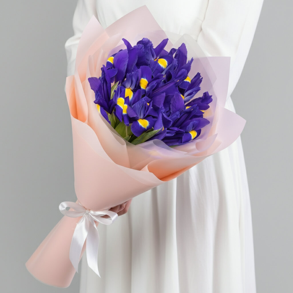 Букет Мегацвет24 "Ирисы", 9 шт, синие, дизайнерская упаковка