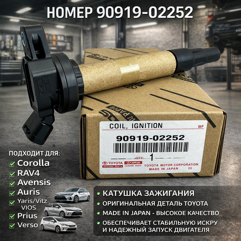 Катушка зажигания 90919-02252 Подходит: Toyota Corolla, RAV4, Avensis, Auris, Yaris, Vitz, Vios, Prius, Verso