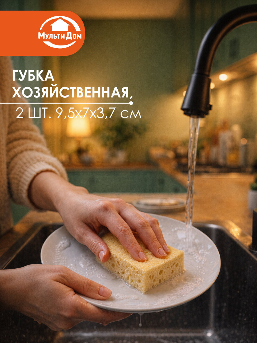 Губка хозяйственная, 9,5х7х3,7 см (бежевый), 2 штуки универсальная