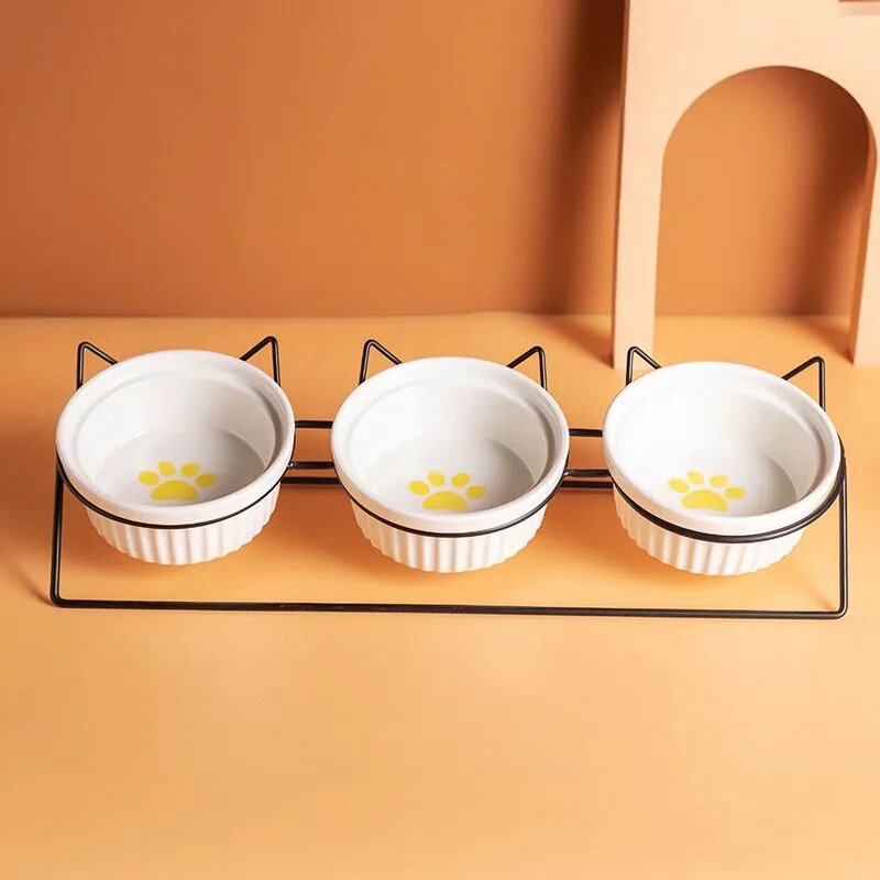 Три керамические миски для кошек с лапками и ушками, желтые, на подставке, 300мл, Китай