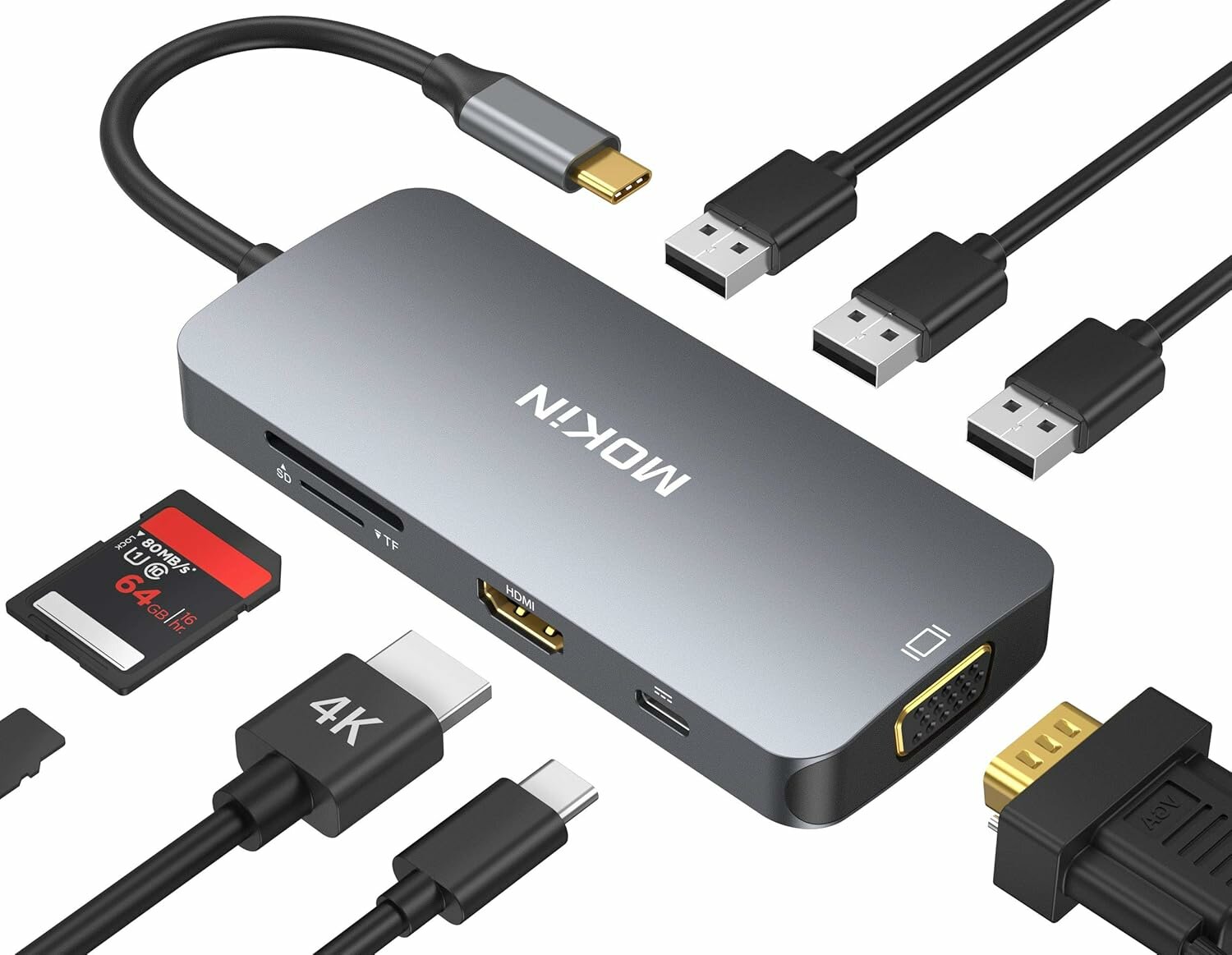 C хаб, мультипорт C адаптер для MacBook Pro 2023 2022 2021 2020, C , C к HDMI, VGA, SD, TF кардридер, 3 3.0 и порт USB C передачи питания