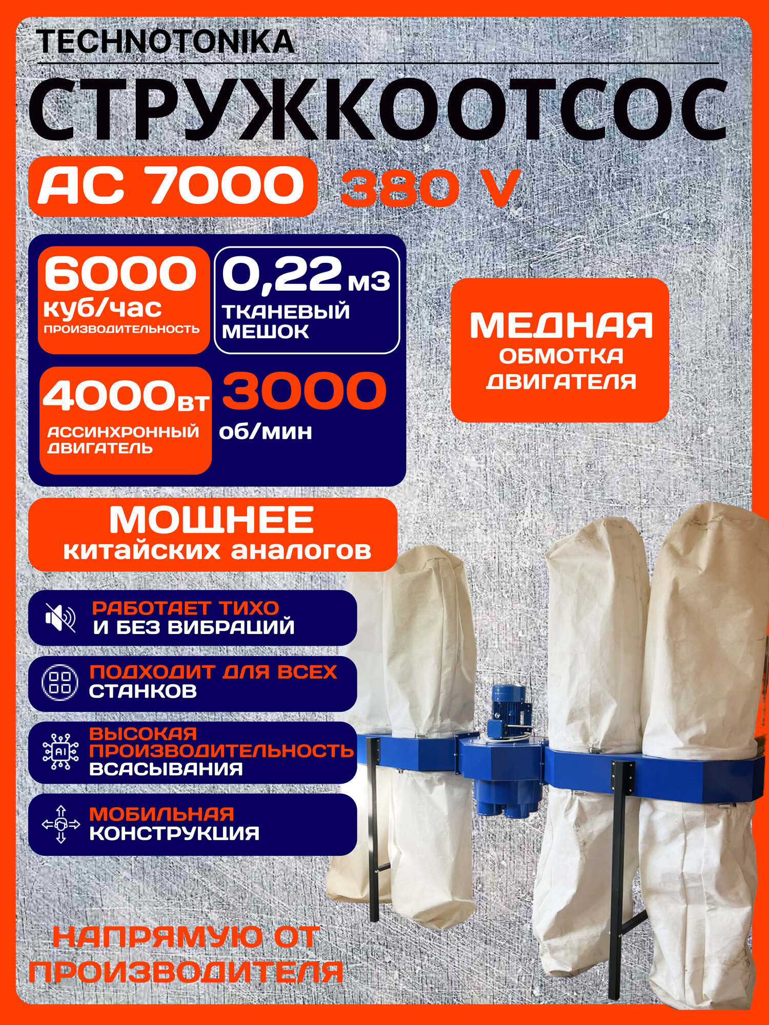 Стружкоотсос (вытяжная установка) TECHNOTONIKA АС-7000, 4 кВт, 380v