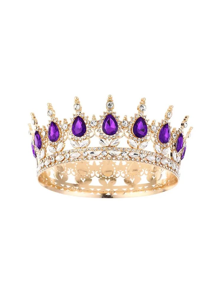Диадема Золотистая корона с фиолетовыми камнями, украшение для волос на свадьбу и торжество