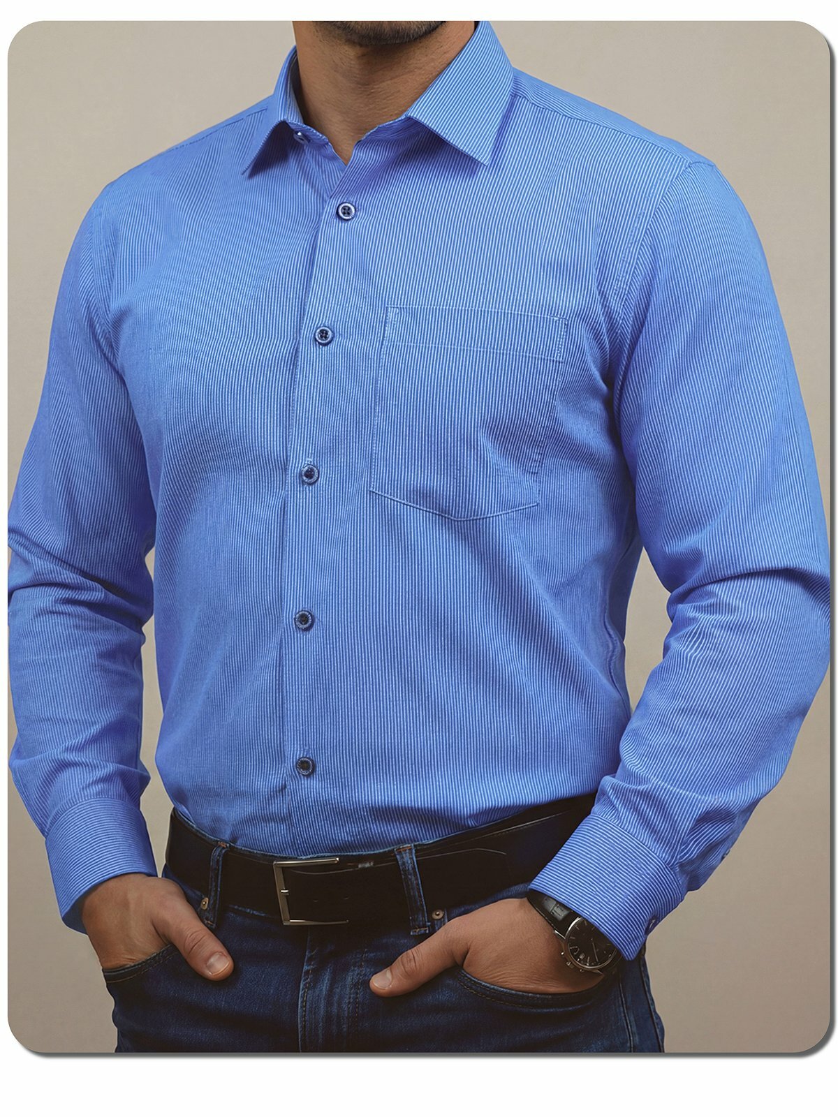Рубашка Мужская рубашка с длинным рукавом прямая классическая, светлая сорочка на пуговицах, рубаха на любой сезон, голубая мелкая полоска, с карманом, на любой сезон и на лето рубашка