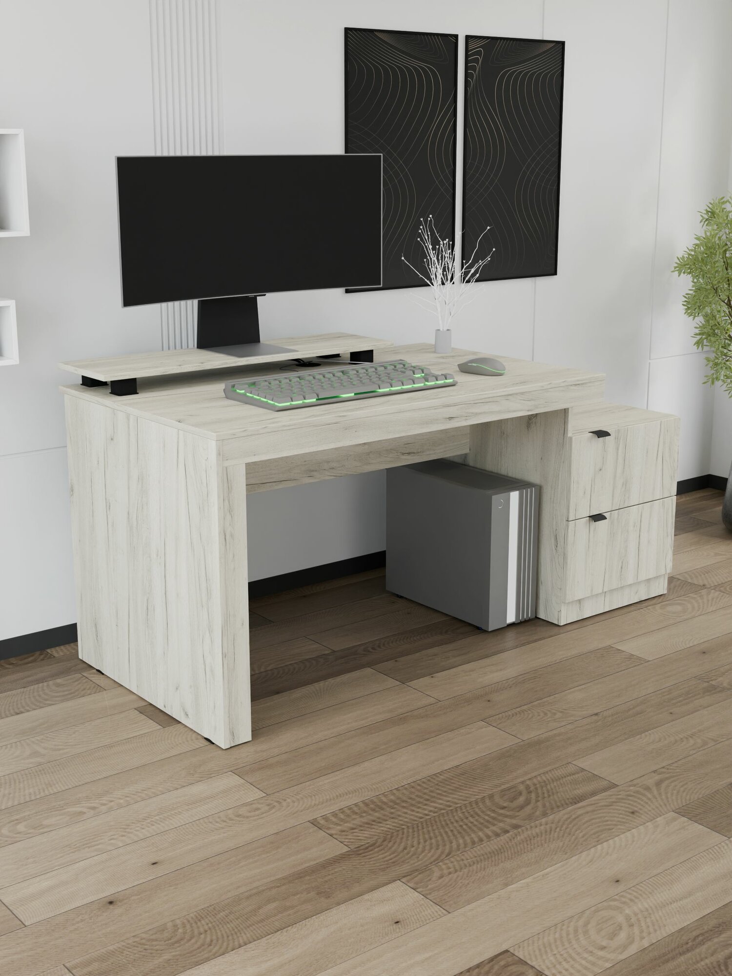 Изумлит Стол компьютерный для офиса и дома Вертикаль Компакт Лайт 165х73х74.5 см, тумба справа, дуб крафт белый