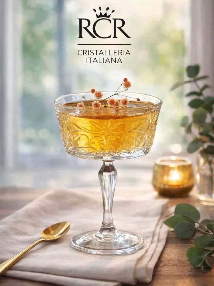 Набор коктейльных бокалов, блюдце, креманка RCR Luxion "Tattoo" 2 шт, 260 мл. Хрустальное стекло. (Италия)
